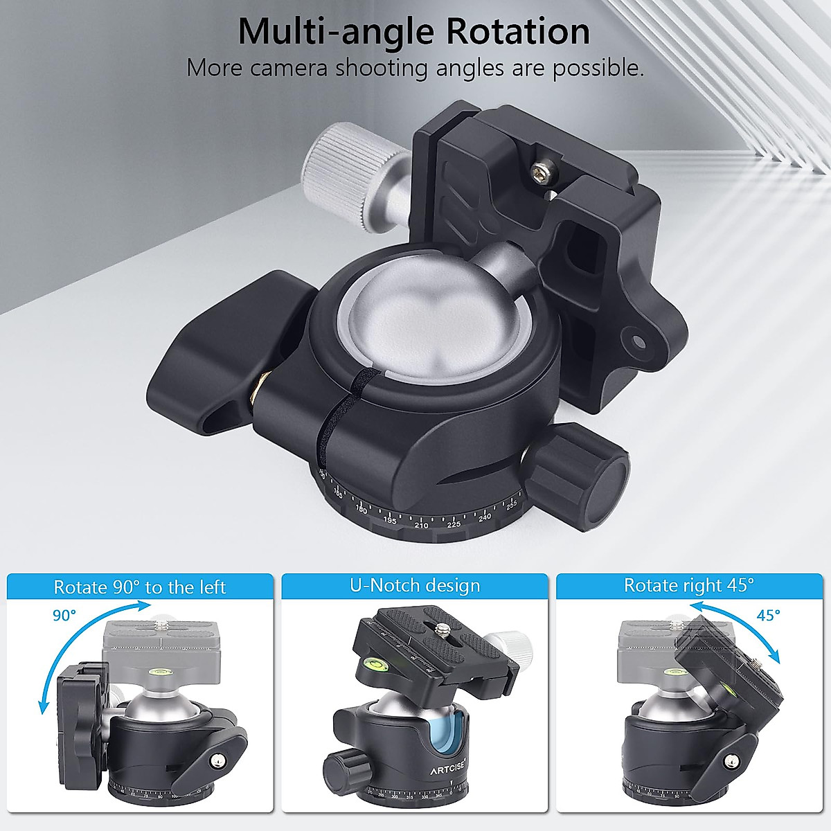 Low Profile Tripod Ball Head 36mm Stability Panoramic Tripod Head 360 Rotating Metal Ballhead with 1/4 inch Arca QR Plate for DSLR Cameras Tripods Monopods Camcorder Slider Max Loading 44.1lbs/20kg