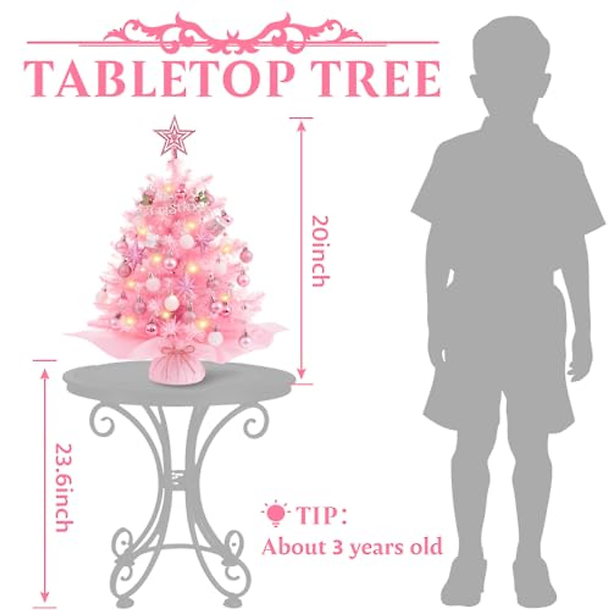 XmasExp 20in Mini Christmas Tree with Lights Pink Small Christmas Tree Artificial Tabletop Xmas Decor Holiday Decoration for Home, Office, Party