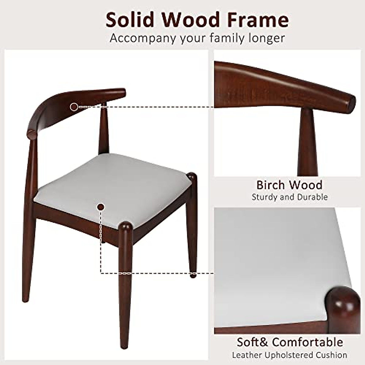 Koreyosh Mid-Century Side Modern Dining Chairs with Faux Leather Seat & Curved Backrest Low-Back Chair with Walnut Finish Dining Chairs in Light Grey/Walnut, Set of 4