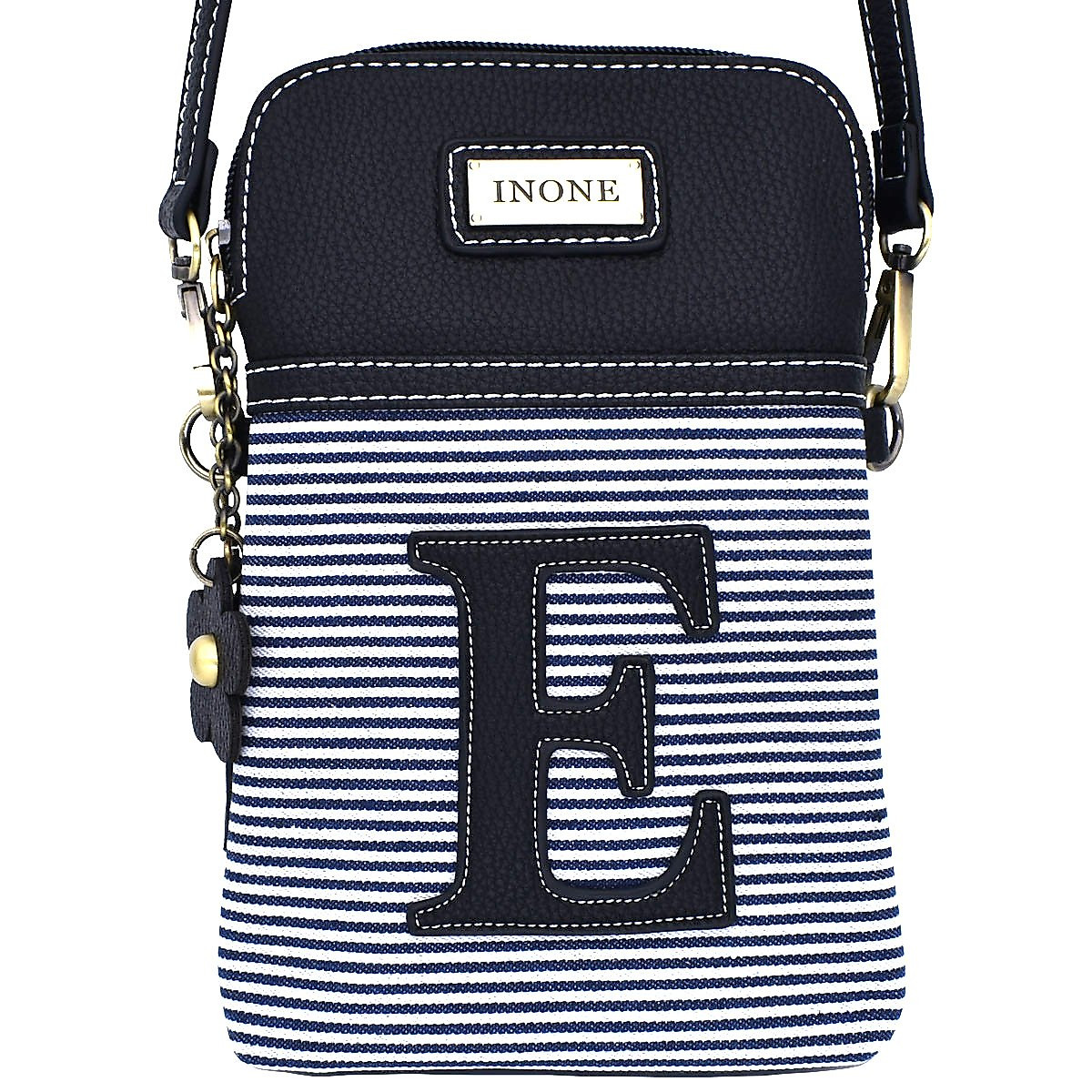 inOne Crossbody Bag Cell Phone Purse - Women PU Leather Handbag with Black and White Stripe Canvas Adjustable Straps - Monogram - Letter S
