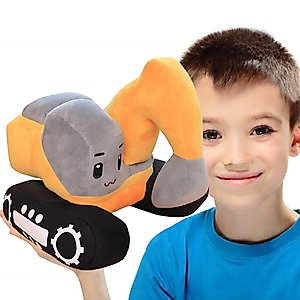 ELAINREN Boys Cool Excavator Stuffed Truck Toy Simulation Yellow Excavator Plush Car Cartoon Construction Excavator Plushie Gifts/26x23cm
