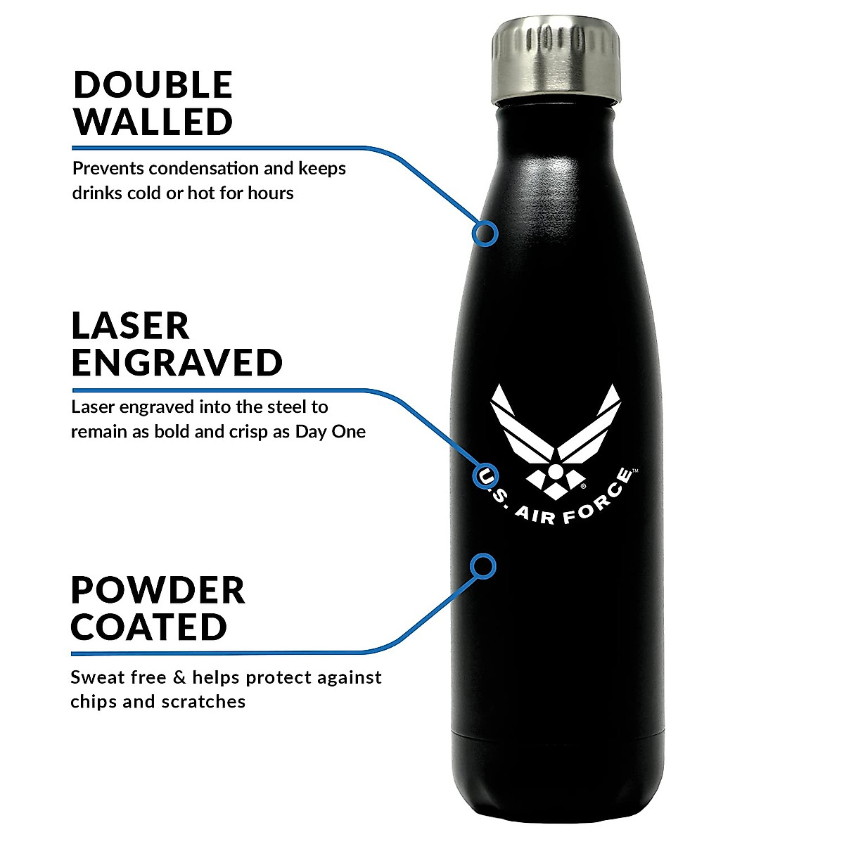 US Air Force 17oz Double Wall Vacuum Insulated Stainless Steel Airman Water Bottle - Perfect for USAF PT and Outdoor Sports