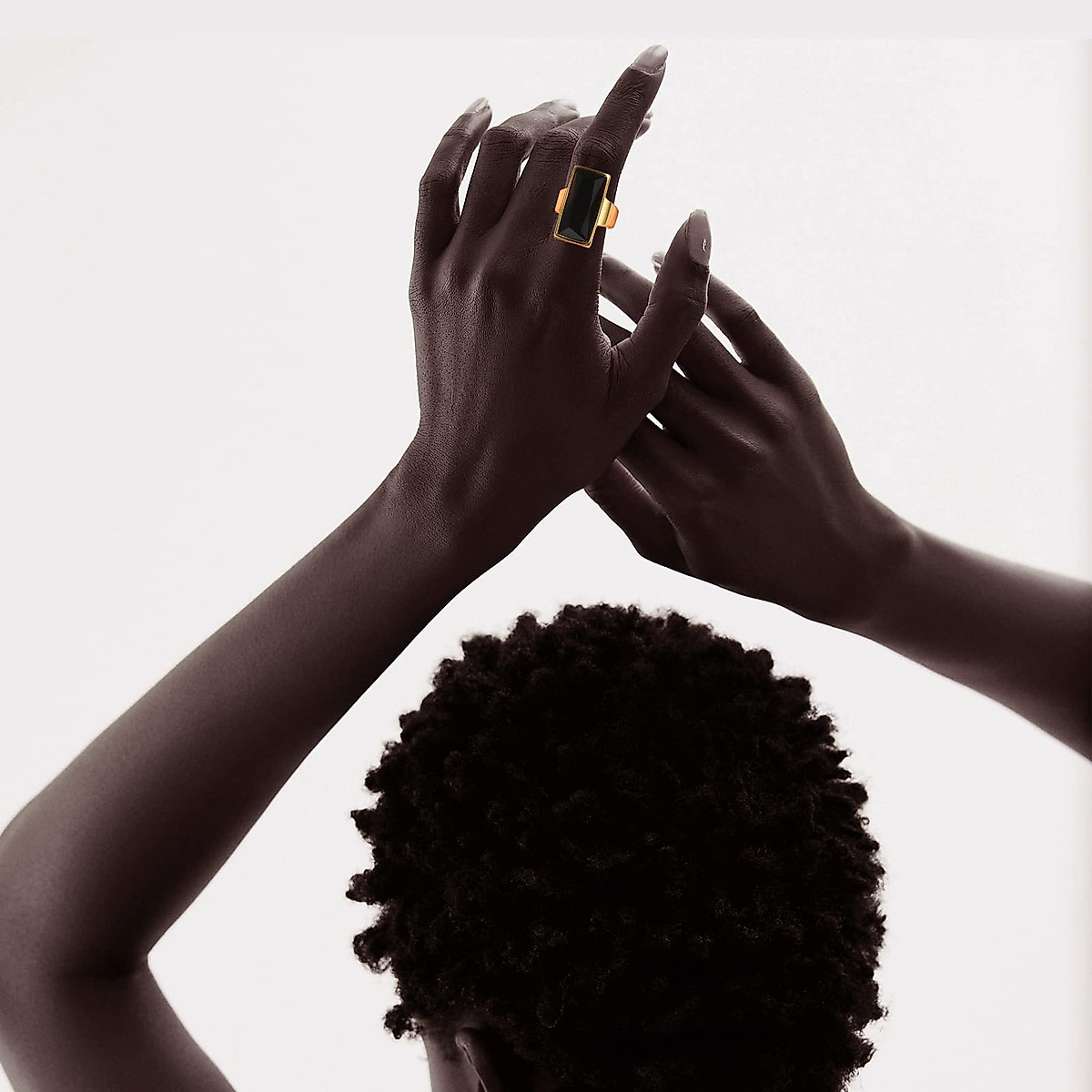 Stainless Steel Gold Plated Rectangular Black Glass Crystal Ring for Women,Best Friend Gift,Size 9