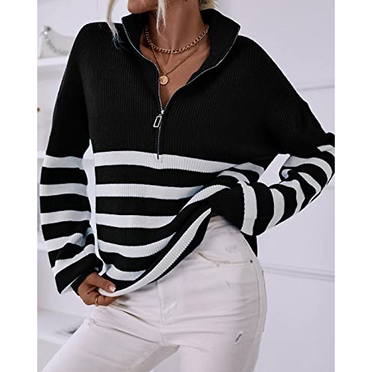 BTFBM Women 2023 Casual Long Sleeve Zip Striped Pullover Sweaters V Neck Collar Ribbed Knit Fall Winter Slouchy Jumpers (Striped Black, Large)
