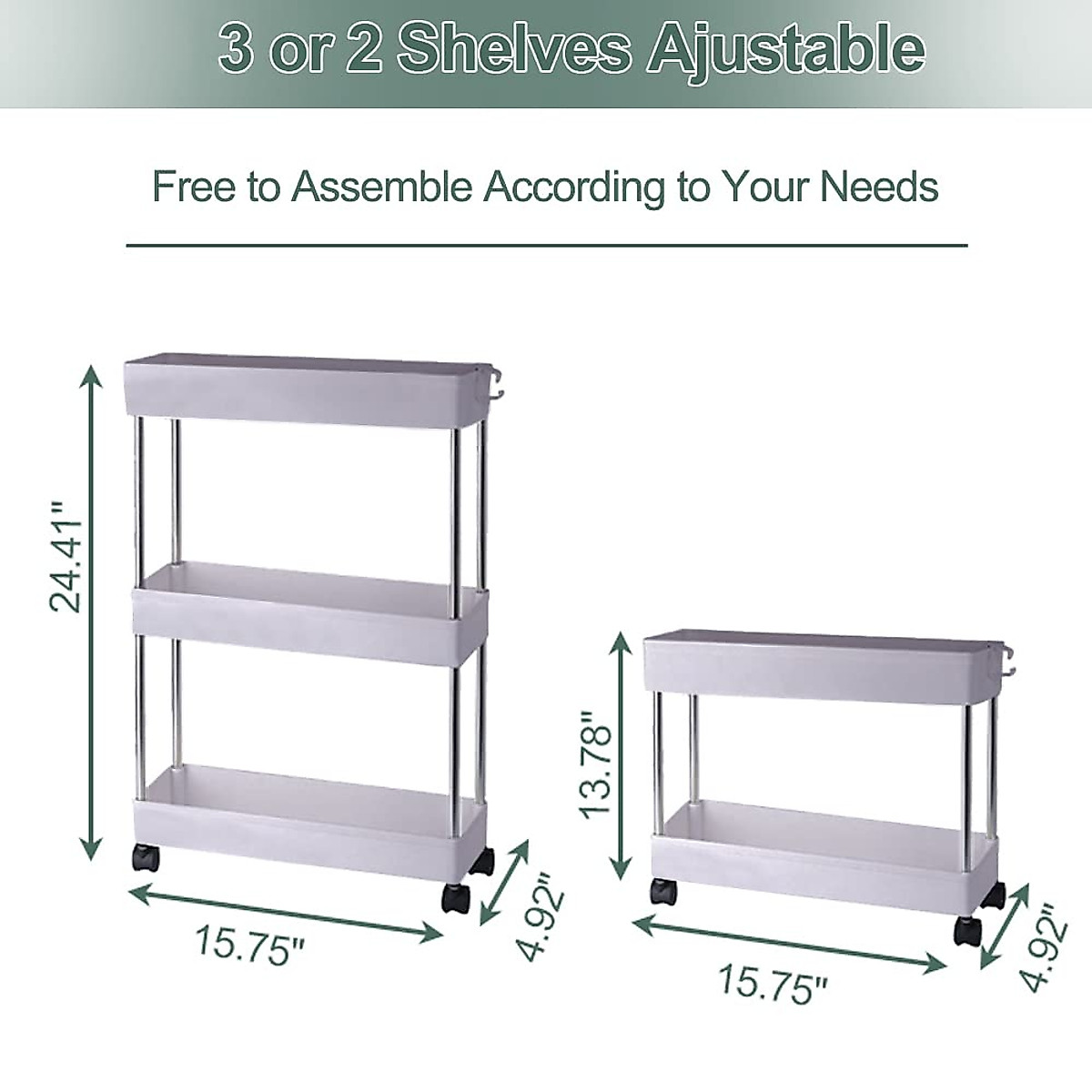 Slim Storage Cart, 3 Tier Mobile Shelving Unit Organizer, Slide Out Rolling Utility Cart Shelf Rack for Kitchen Bathroom Laundry Room Narrow Places, Plastic & Stainless Steel, Gray