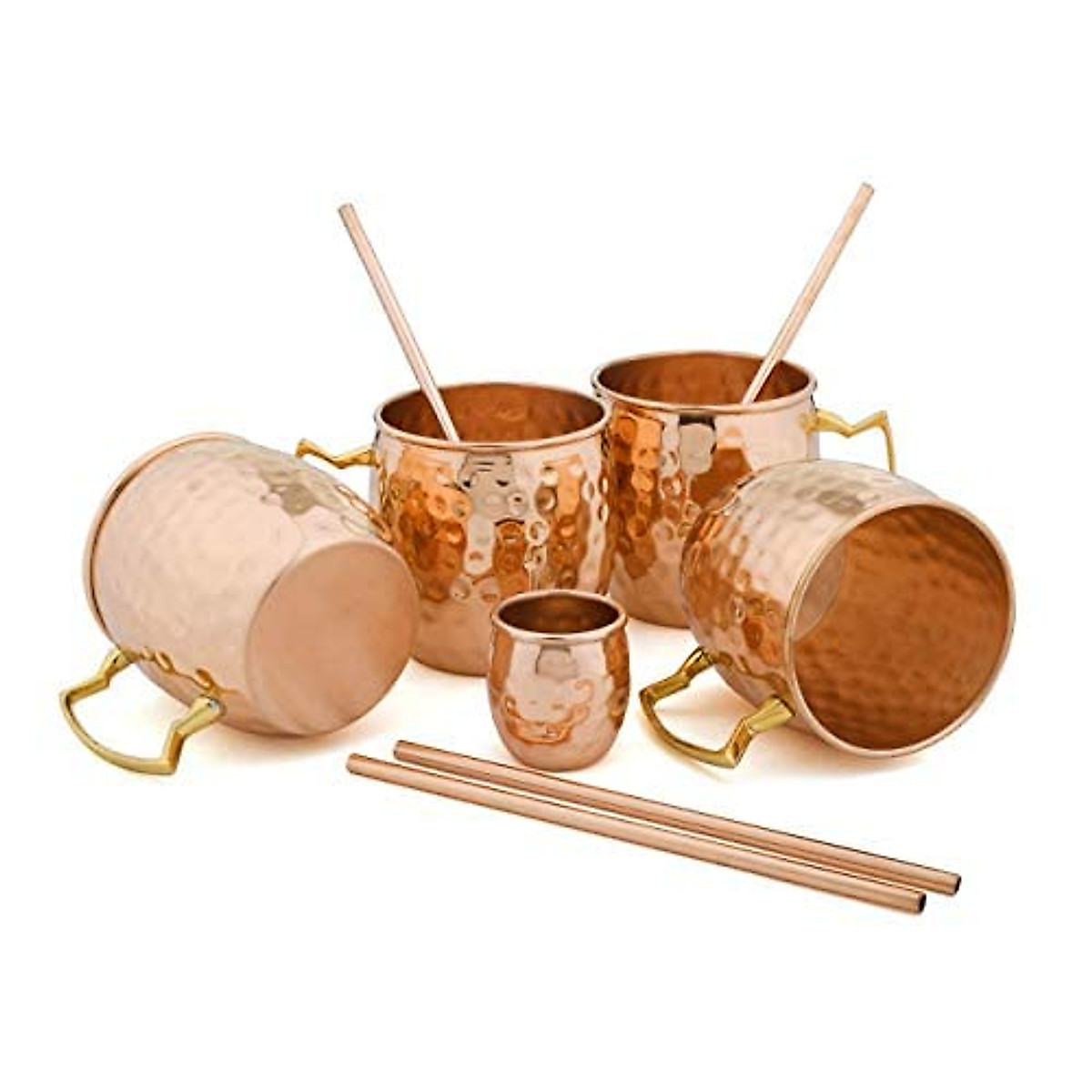ARTISANS VILLAGE Moscow Mule Mugs | Set of 4 | 100% Pure Copper Solid Mugs | Gold Brass Handles | Size 16 oz | BONUS: Premium Straws and Shot Glass
