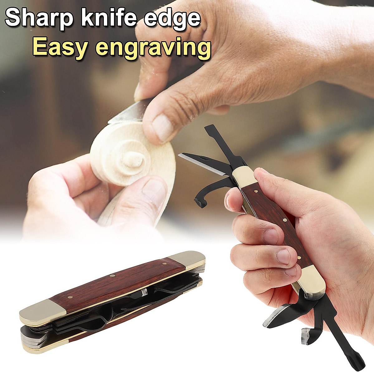 Omninmo Right-Handed Carvin' Jack, Folding Whittling Knife, Multi-Tool Portable Carving Tool Right Handed Carving Jack for Wood Carving, Woodworking, Camping, EDC, and Outdoors (wood)