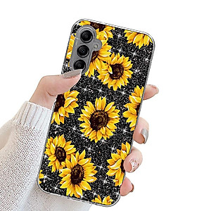 DDTKZC for Samsung Galaxy A14 5G Case,Samsung A14 5G Phone Case, Tempered Glass Protector Lustre Pattern-Sparkle 2 in 1 Clear Shockproof Case (Yellow Sunflower, for Samsung Galaxy A14 5G)