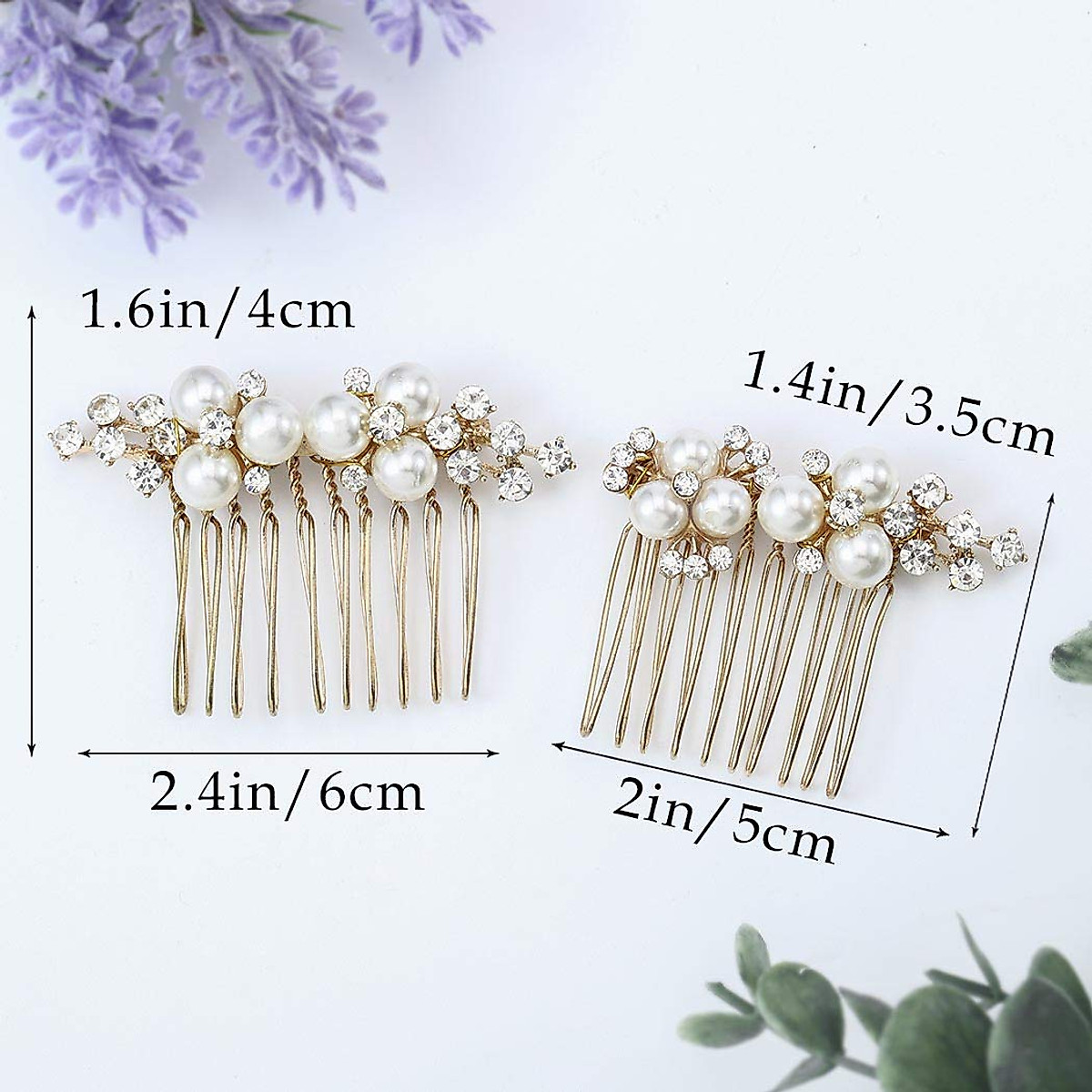 Asooll Gold Wedding Pearl Hair Comb Bride Crystal Headpiece Bridal Rhinestone Hair Clip Hair Accessories for Women and Girls (Set of 2) (A-Gold)