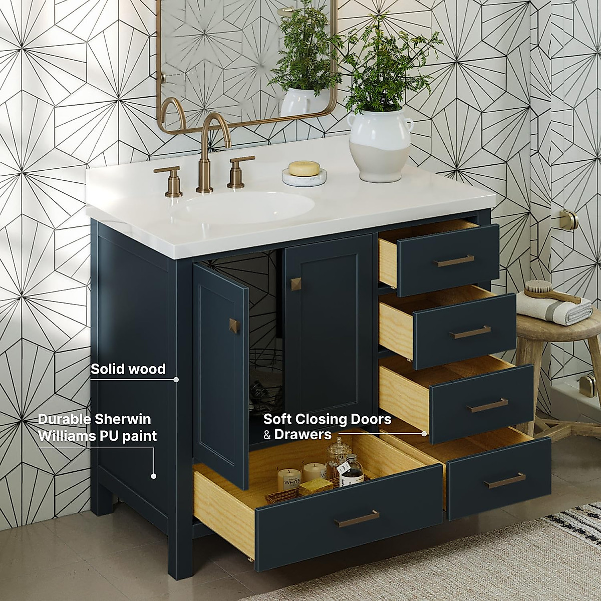 ARIEL 43" Midnight Blue Bathroom Vanity with 1.5" Edge Pure White Quartz Countertop & Backsplash, Left Oval Sink, 2 Soft Closing Doors, 5 Full Extension Dovetail Drawers, Satin Nickel