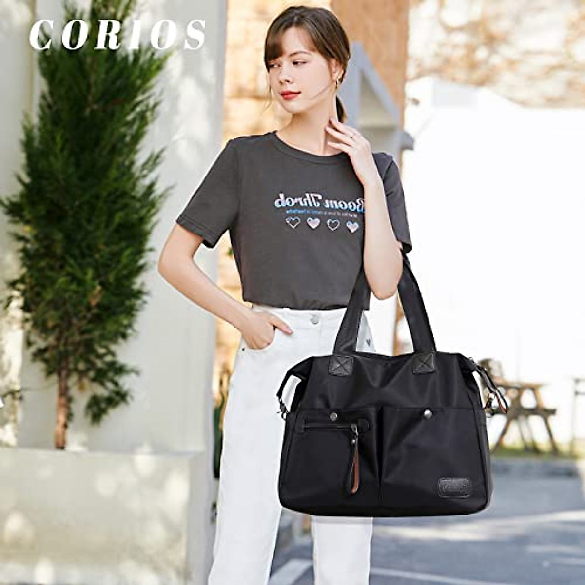 CORIOS Women Shoulder Bag Nylon Handbag Casual Top Handle Bag Multi Pocket Crossbody Bag Waterproof Messenger Bag Lightweight Tote Bag Hobo Bag for Shopping Work Party Travel School Black