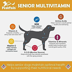 Kala Health PeakTails Senior Multivitamin for Dogs, Hip and Joint Support, Healthy Skin, Shiny Coat, Contains antioxidants and 18 Essential Amino acids and 19 Vitamins and Minerals, 150 Count