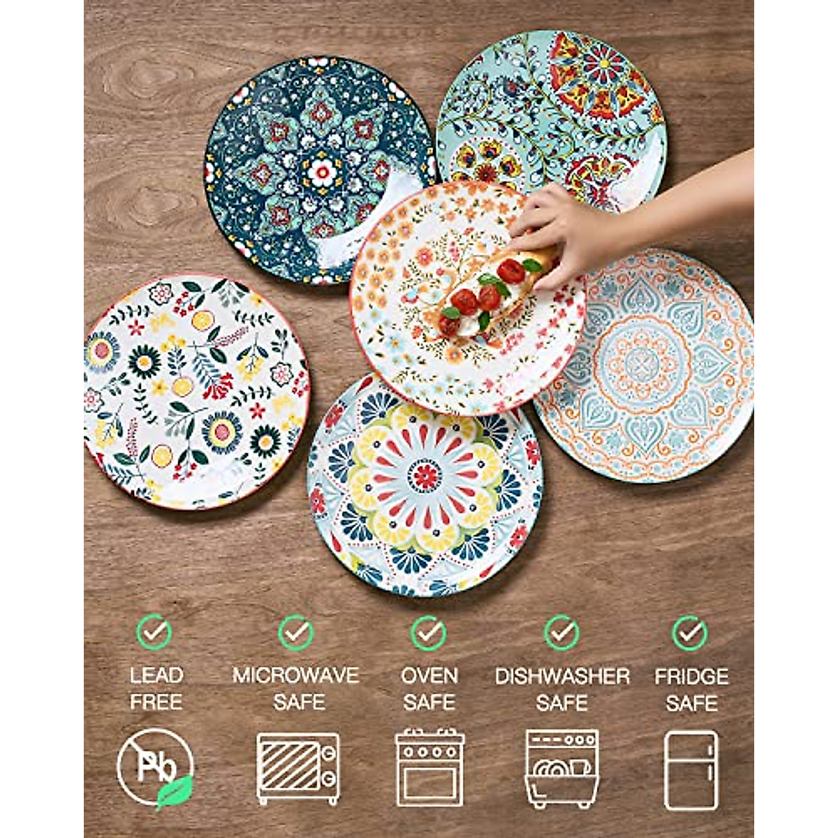 getstar 10.5” Ceramic Dinner Plates with Underglaze Assorted Patterns, Set of 6, Microwave & Dishwasher Safe, Colorful Porcelain Salad Pasta Dinner Plates Set of 6
