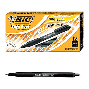 BIC Soft Feel Ballpoint Pens, Fine Point, 0.8 mm, Black Barrel, Black Ink, Box Of 12 Stick Pens (SCSF11-BLK)