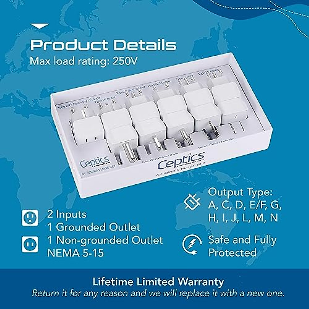 Ceptics World Travel Adapter Set - 2 in 1 USA to Europe, Asia, Africa, India, Japan, Australia, Brazil, China, Israel and more - 11 Pack - Safe Grounded - Works with Cell phones, Laptops, Chargers