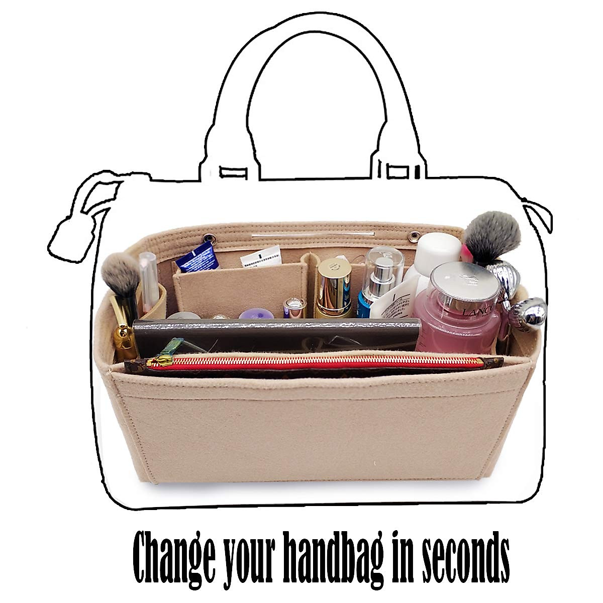 LEXSION Felt Purse Organizer Insert Bag organizer Multi Pocket Bag in Bag Organizer For Tote & Handbag Shaper 8008 Beige XL
