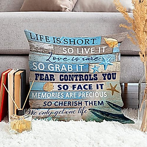 Beach House Throw Pillow Cushion Beach Theme Ocean White Linen Pillow Covers Coral Nursery Decor Modern Toss Pillows with Zippe for Sofa Living Room 18x18in Home Decoration Pillow Birthday Gift