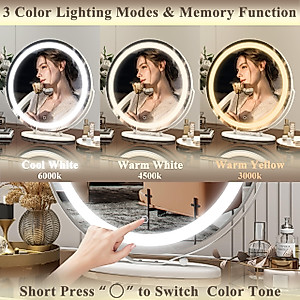 Vierose 20 inch Large Vanity Makeup Mirror with Lights, 3 Color Lighting Modes | Round Lighted Up Makeup Mirror with Dimming LED Halo for Dressing Room & Bedroom Tabletop, Touch Control (White)