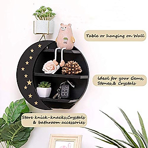 AMEAEEL Wooden Moon Shelf Pine Wood Deco Shelves Hanging or Standing for Crystals Black Moon and Stars Shelves(Black&Stars)