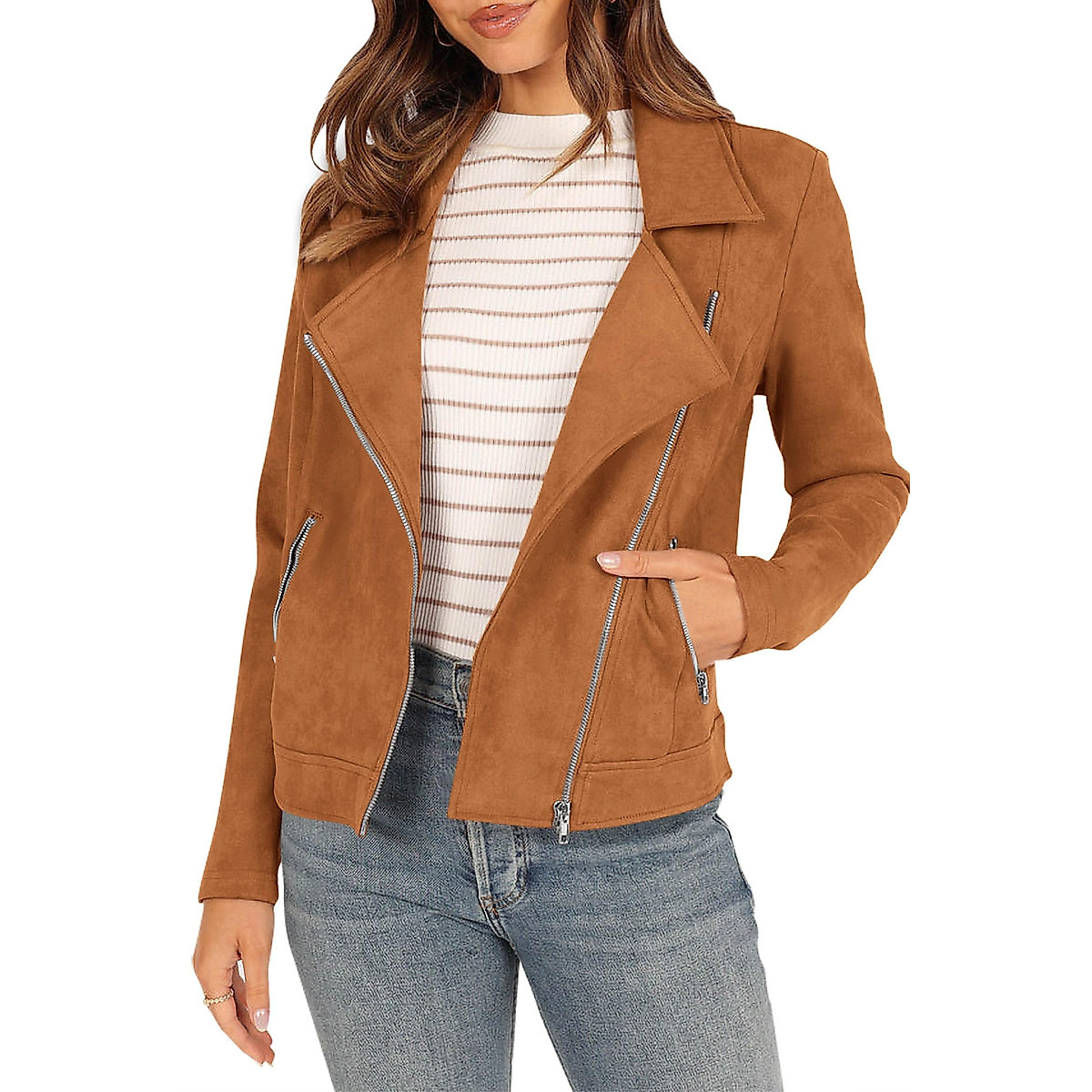 PRETTYGARDEN Womens Winter Faux Suede Motorcycle Jacket Long Sleeve Zipper Pockets Short Coat Y2K Fashion Dressy Outerwear (Brown,X-Large)