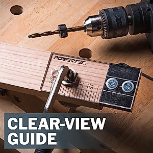 POWERTEC 71715 Dowel Drilling Jig with Depth Scale, Laser Cut Alignment Marker, Cobalt M-35 Drill Bit and Split Ring Stop Collar, 1/4-inch