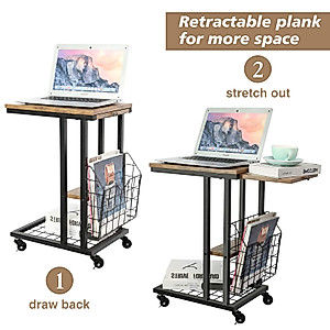 X-cosrack C End Table with Wheels C Shaped Side Table with Side Pocket Industrial Wood Sofa Side End Tables Rolling Casters for Coffee Laptop Sofa Couch Bed Living Room