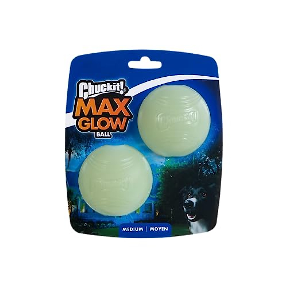Chuckit Max Glow Ball Dog Toy, Medium (2.5 Inch Diameter) for Dogs 20-60 Lbs, Pack Of 2