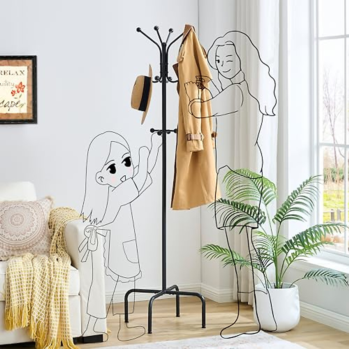 Hoctieon Coat Rack Freestanding, Entryway Coat Rack With 12 Hooks, Coat Hanger Stand, Floor Standing Metal Coat Tree,Coat Rack Stand, Heavy Duty Coat Rack, Coat Tree Freestanding, Black