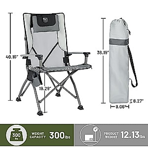 TIMBER RIDGE Aluminum Collapsible High Back Chair with Organizer Cup Holder Headrest Heavy Duty 300 lbs for Adults, Ideal for Outdoor Beach Fishing Lawn, Gray