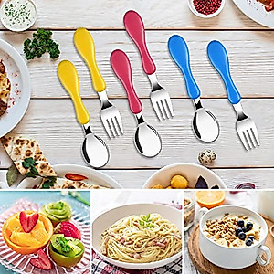 Vicloon Toddler Utensils, 6 Pcs Stainless Steel Baby Forks and Spoons Silverware Set, Children Safe Spoons and Forks with Flat Handle, Baby Feeding Cutlery, Dishwasher Safe (Yellow Red Blue)