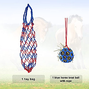 Woiworco 2 Packs Horse Treat Balls and Hay Nets, 5.3 inches Horses Balls Toy and 37.5 inches Long 2 x 2-inch Hay Nets, Slow Feed Hay Feed Hanging Feeding Supplies for Horses and Goats to Play with