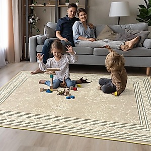 Tepook Modern Bordered 4x6 Area Rugs for Bedroom Aesthetic, Indoor Machine Washable Rugs for Living Room, Low Pile Throw Rugs with Rubber Backing for Office Dining Room Kitchen, Beige