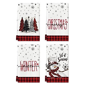 Artoid Mode Red Black Buffalo Plaid Snowman Xmas Trees Christmas Kitchen Towels Dish Towels, 18x26 Inch Daily Seasonal Winter Decoration Hand Towels Set of 4