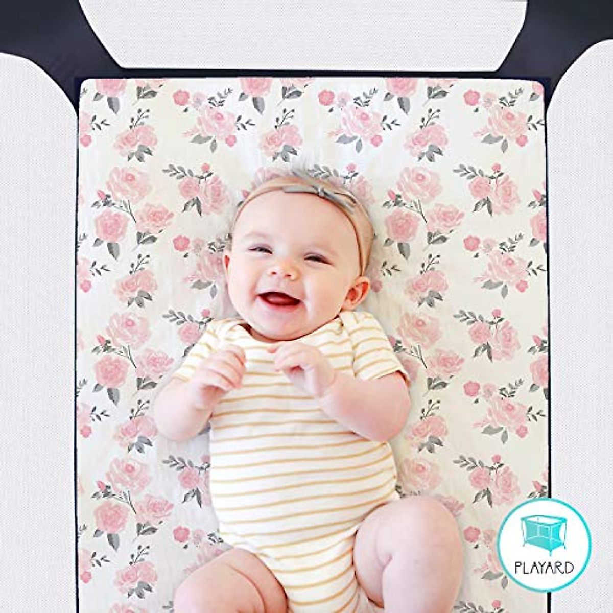 The Peanutshell Fitted Pack n Play, Playard, Mini Crib Sheets for Baby Girls | 2 Pack Set | Pink Roses and Floral