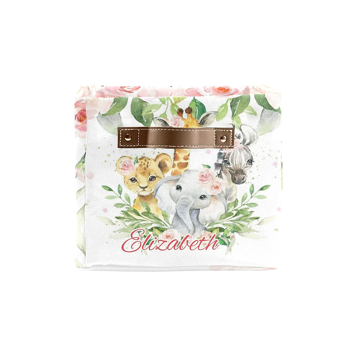 Safari Jungle Animal Floral Personalized Storage Bins Basket Cubic Organizer with Durable Handle for Shelves Wardrobe Nursery Toy 2 Pack