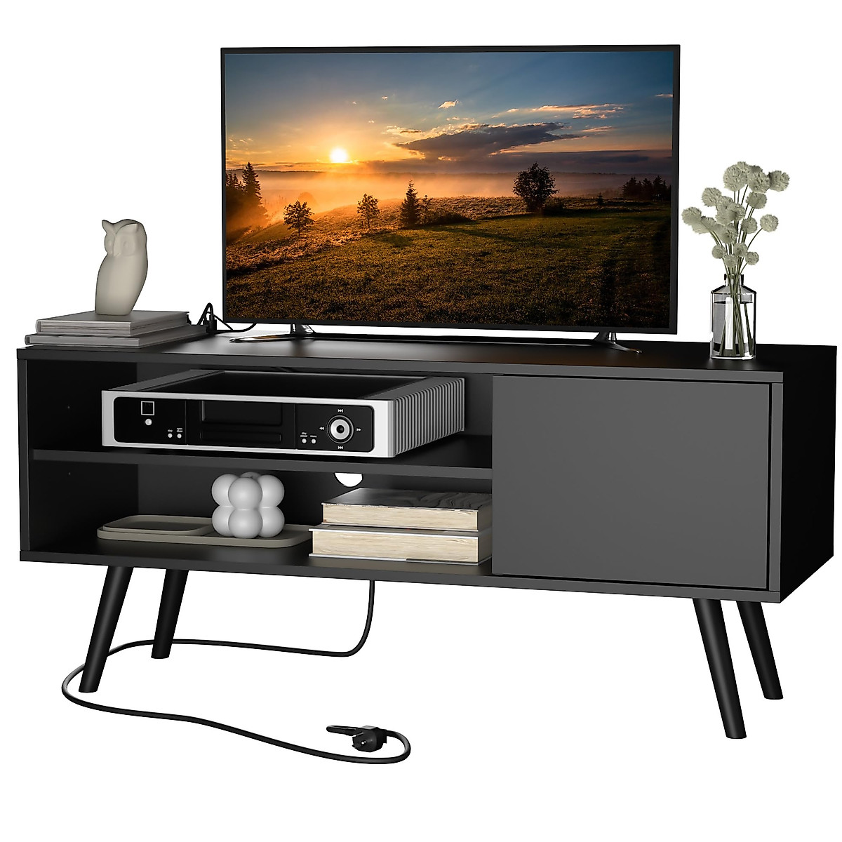 Cozy Castle TV Stand for 48 Inch TV, Mid Century Modern Entertainment Center with Storage Cabinet, TV Media Console for Living Room, Bedroom, Black
