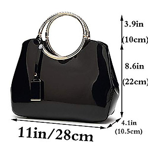 Rullar Women Elegant Handbag and Purse Top Handle Bag Patent Leather Tote Satchel Shoulder Clutch Crossbody Bag with Pendant Black