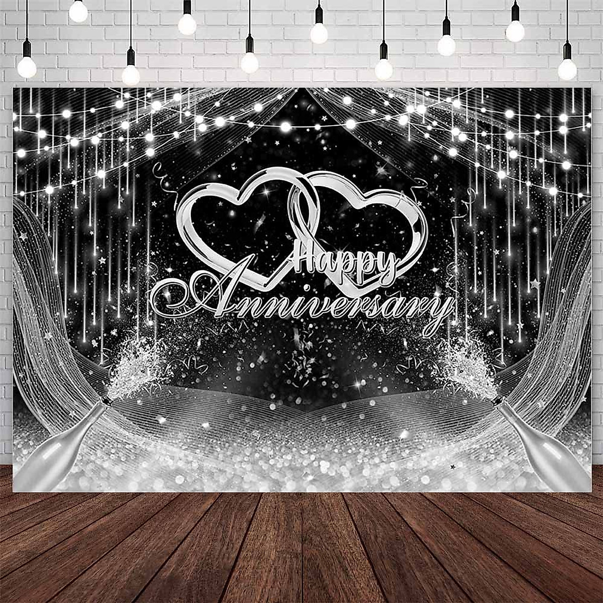 AIBIIN 7x5ft Black and Silver Happy Anniversary Backdrop Silver Glitter Wedding Anniversary Bridal Shower Photography Background Cheers to Wedding Miss to Mrs Party Decorations Banner