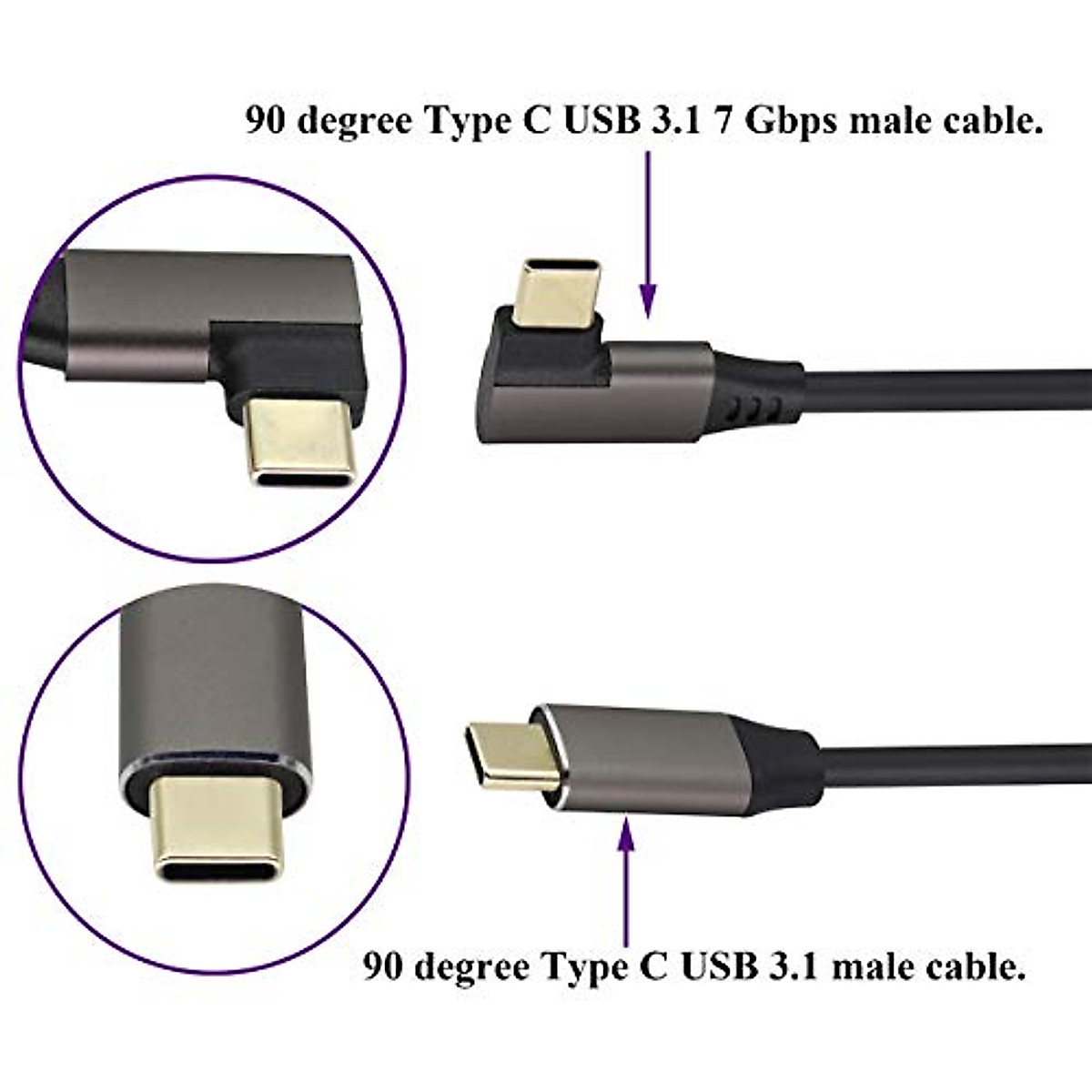 AAOTOKK 90 Degree USB 3.1 Type c to Type C Cable 60W&3A Right & Left Angled 3.1 USB Type C Male Extension Cable Supports Charging,Data,Audio,Video Cable for Laptop&Tablet&Mobile Phone.(0.3M/1Ft)