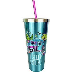 Spoontiques Stainless Steel w Steel Cup with Straw, 24 Oz, I Sleep Around,18247