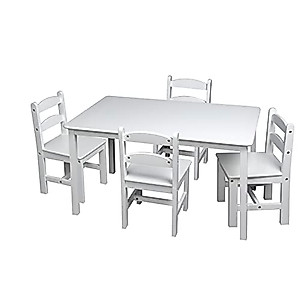 Gift Mark Childrens Table with Chairs - Set of 4 Wood Kid's Chairs and Rectangle Activity Table - Playroom Furniture (White Finish)