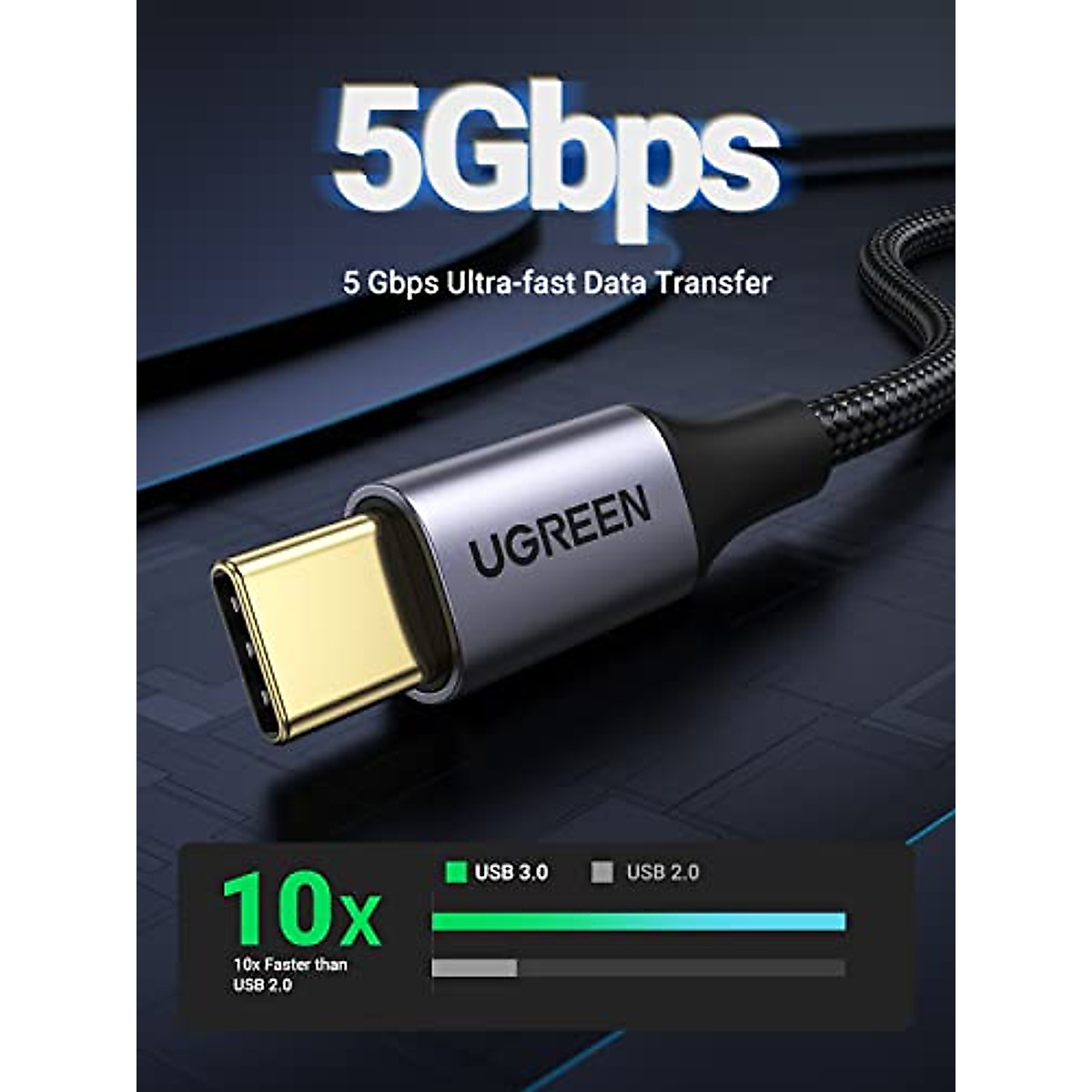 UGREEN USB C Cable 3.0 Fast Charging, 5Gbps Fast Data Transfer USB A to USB C Cable, Nylon Braided Type C Charger Compatible with Galaxy S10/S10+, LG V60/V50/G8, iPad Mini 6, PS5, Switch etc. 3.3FT