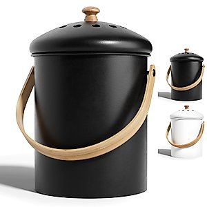 Compost Bin Kitchen Counter - 1.3 Gallon Black Stainless Steel Kitchen Compost Bin with Wood Handles & Charcoal Filters x3 Sets - Countertop Compost Bin with Lid - Large Kitchen Compost Bin Countertop