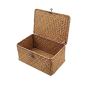 Sobotoo Wicker Storage Box with Lid, Natural Hand-woven Rattan Storage Box, Rectangular Household Organizer Boxes Shelf Wardrobe Organizer (XXL)