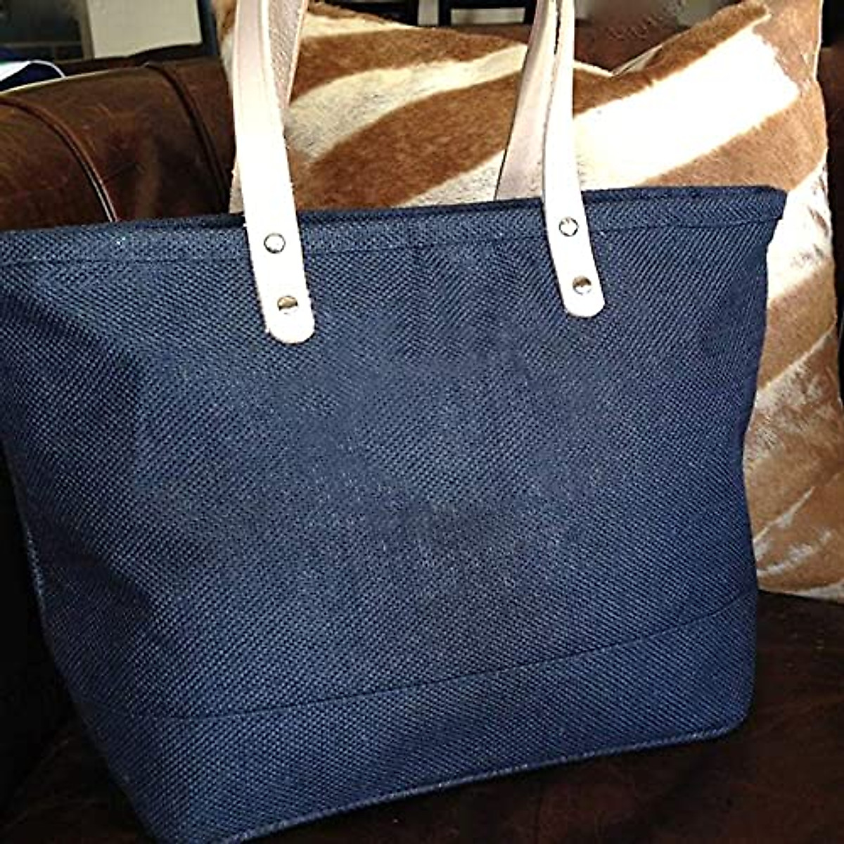 Jute Tote Bag With Leather Handles - Burlap Tote Bags With Zipper, Burlap Purse, Shopping tote Bag for women, Handbag (Navy Blue)