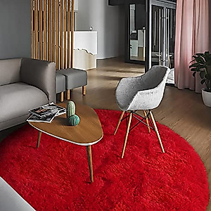 Chicrug Fluffy Cute Red Round Area Rugs for Girls Bedroom, 4x4 Feet Shaggy Circle Area Rug for Living Room, Soft Fuzzy Carpets for Princess Room, Cute Rug Kids Circular Playmats for Baby Nursery Home