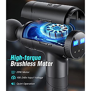 Massage Gun,Quiet Brushless Deep Tissue Percussion Muscle Massager Gun for Back Neck Relieve,Handheld Portable LCD Touch Screen Massage Gun with 30 Variable Speed,6 Massage Heads&Carrying Case (Black)