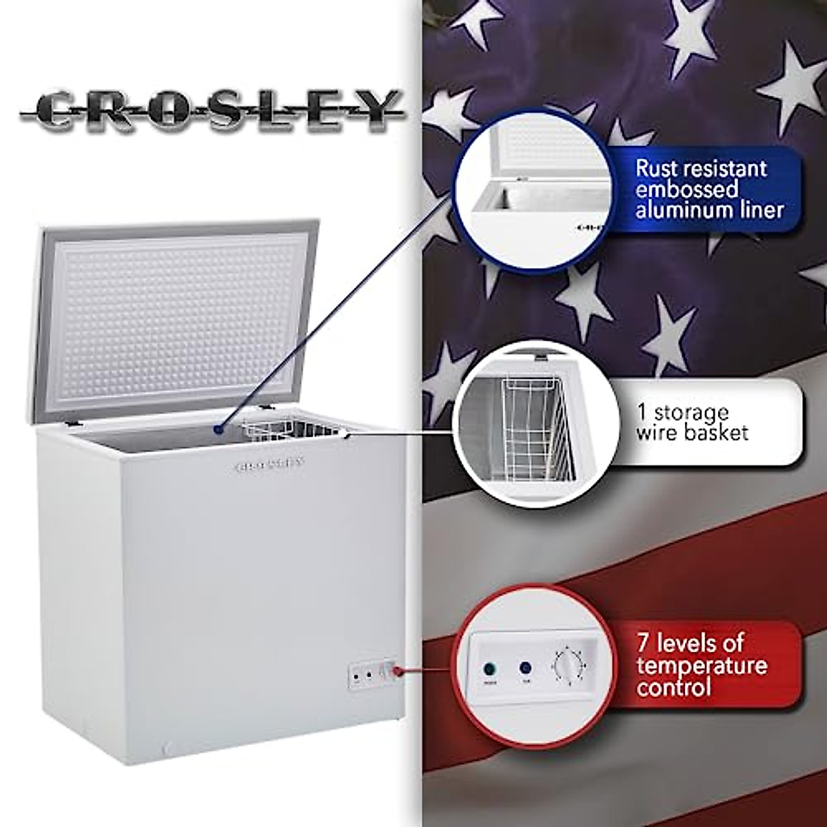 Crosley American Tribute 7cf Mini Deep Chest Freezer: Small & compact w/USA flag bunting outside lid. The best 4 garage, apartment, dorm, bar, bedroom, ice cream, frozen food & big family meat packs