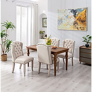 DUOMAY Modern Tufted Dining Chairs Set of 2, Linen Upholstered Dining Room Chairs Armless Guest Side Chair for Kitchen Dining Room, Wingback Accent Chairs with Solid Wood, Beige