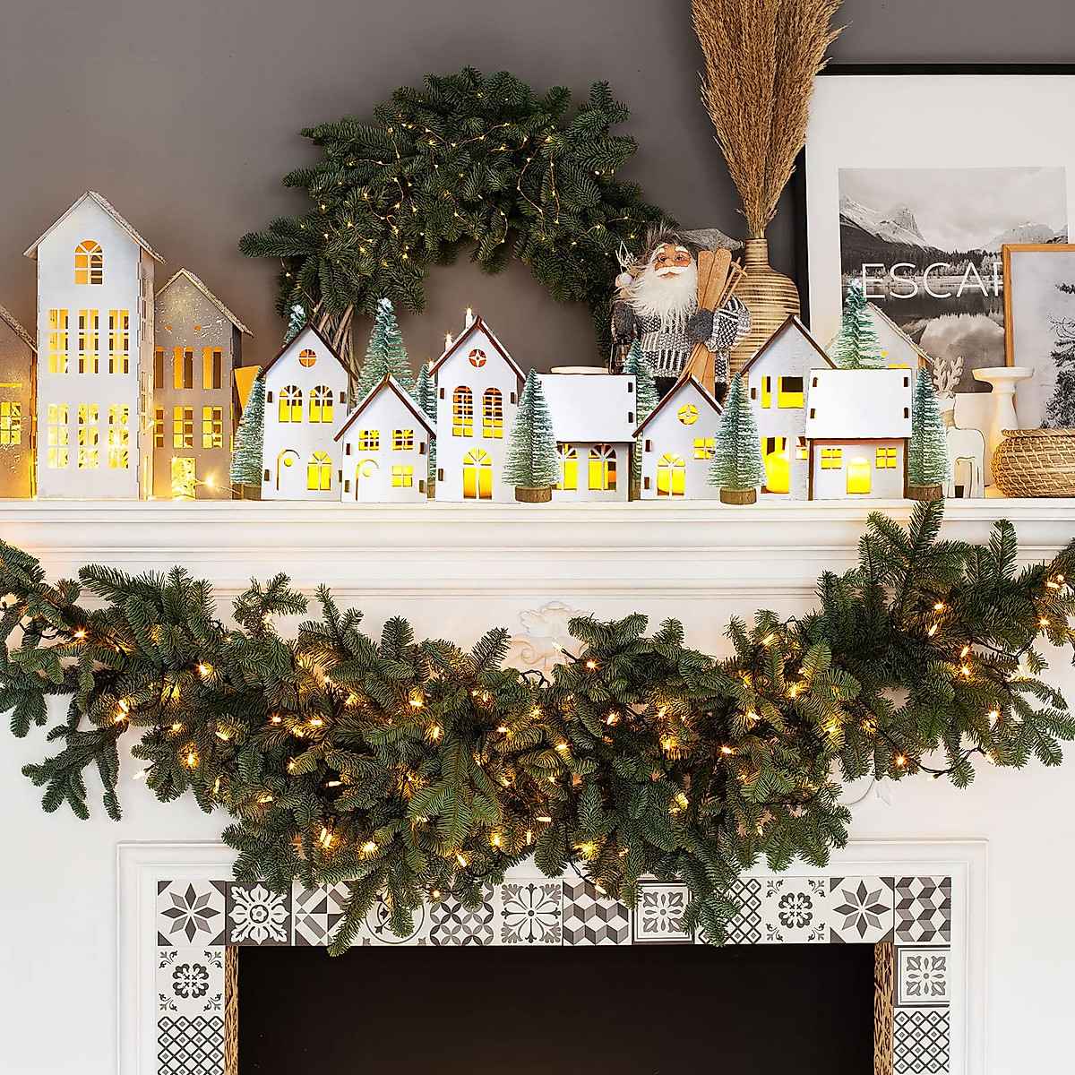 Sawysine Winter Village Kit DIY White Wood Village Houses Mini Tree Farmhouse Winter Christmas Sets Scene Desktop Ornament for Xmas Holiday Party(16 Pcs)